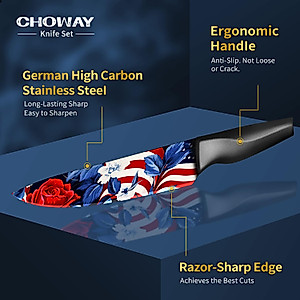 Knife Set, 6-Piece Kitchen Knife Set, German Stainless Steel, Dishwasher Safe, Beautiful Unique Gifts, Freedom, Equality and Justice Patterns