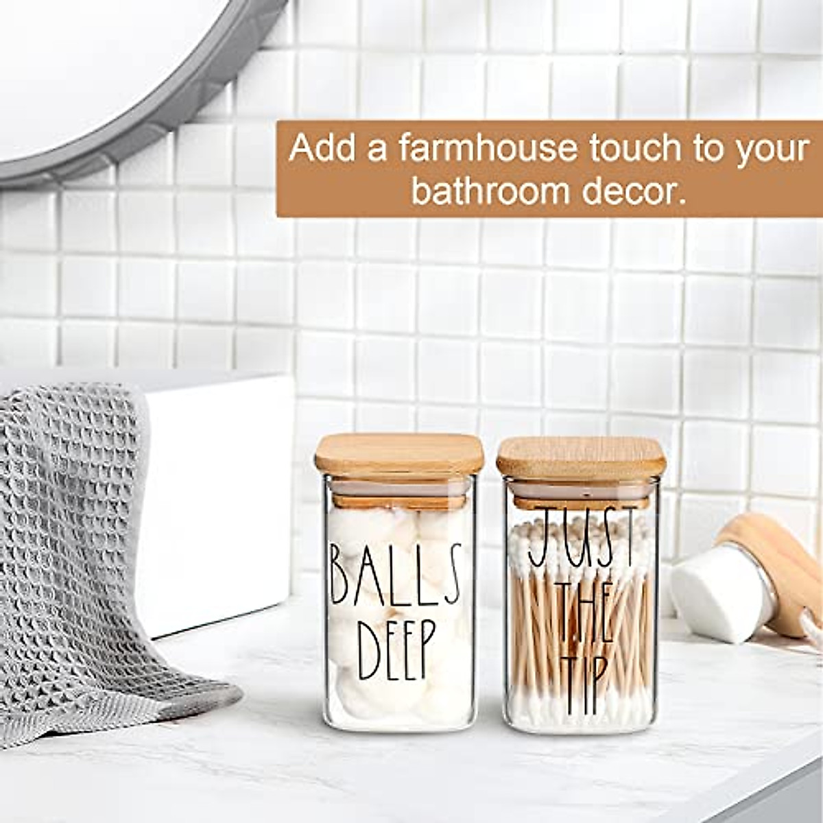 ALPIRIRAL Qtip Holder, Glass Cotton Ball and Qtip Holder Set , 2Pcs 10 Oz Qtip Dispenser with Bamboo Lids Cotton Swab Holder, Bathroom Canister Accessories Storage Organizer, Farmhouse Bathroom Decor