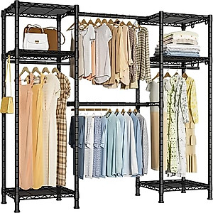Ulif E7 Heavy Duty Garment Rack, Freestanding Clothes Organizer and Storage Rack with Expandable Hangers Rods, Metal Portable Closets with 6 Wire Shelves, (52.3”-72”)W x 14.5”D x 71.2”H, Load 740 LBS