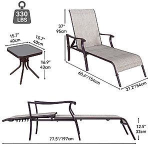 YITAHOME Outdoor Chaise Lounge Chair Set of 3, Patio Lounge Chair with Side Table and 5 Adjustable Positions, Textile Pool Chaise Lounger for Outdoor, Patio, Beach, Yard (Beige)
