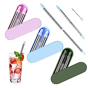 Hoshen Stainless Steel Portable Telescopic Straw, Two-In-One Detachable Telescopic Straw, Detachable, Reusable Straw With Shell, With Cleaning Brush - Deep Pink