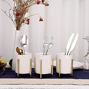 JUXYES Pack of 3 Ceramic Silverware Holder For Table Setting, White Cutlery Holder Holder With Golden Metal Bracket, Small Flatware Caddy Organizer Utensil Holder Organizer for Kitchen Dining Tables