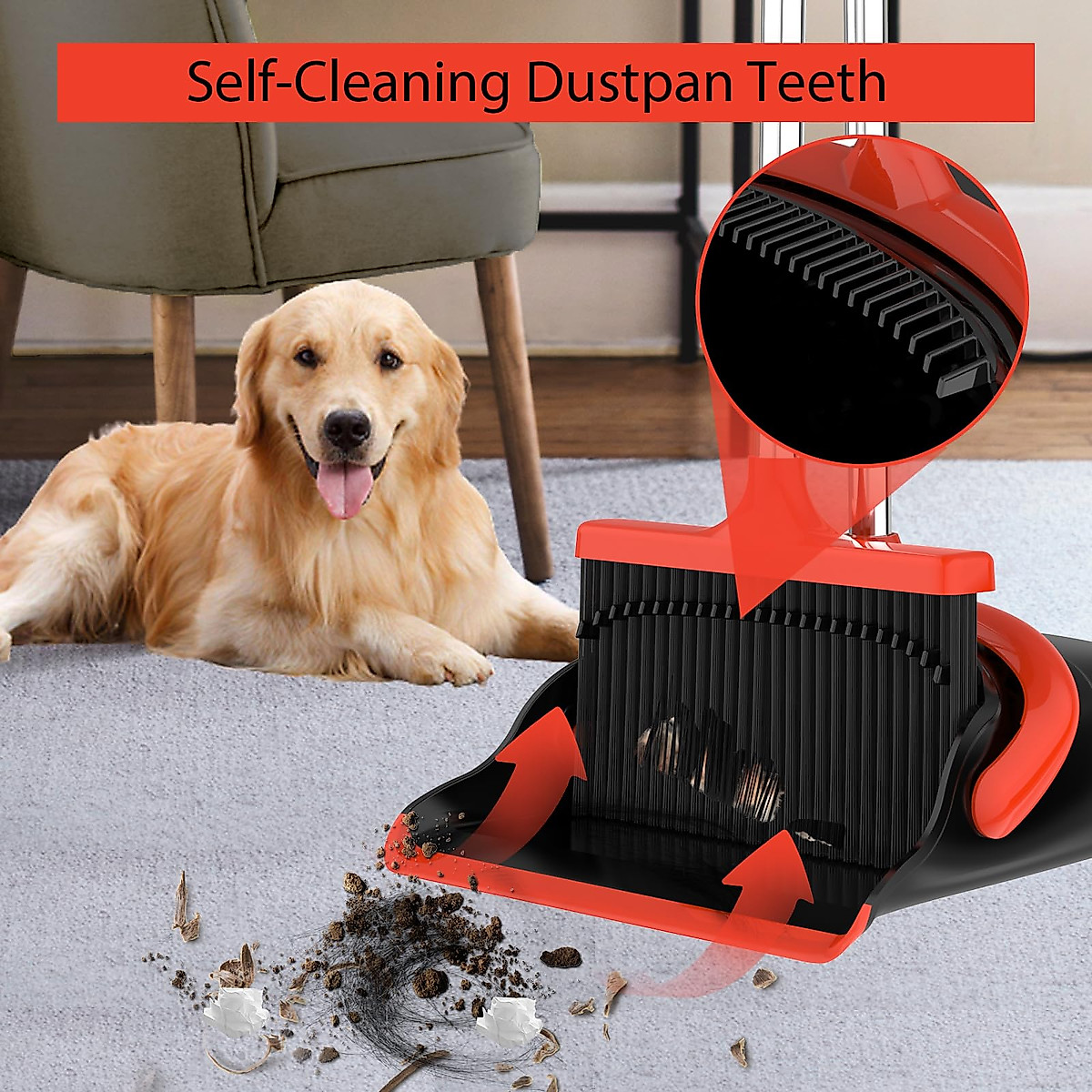 AISHUJIE Broom with Dustpan Combo Set - 52'' Long Handle Broom and Dustpan Set with Self-Cleaning Teeth & Standing Dust Pan and Broom for Home Office Kitchen Lobby Floor Use