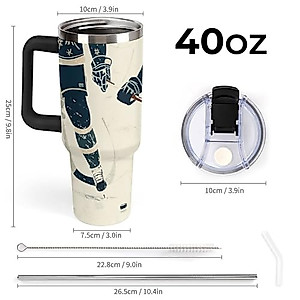 LLUTSNTH 40 Oz Vacuum Tumbler with Black Handle Leakproof Insulated Tumbler Ice Hockey Pattern Stainless Steel Travel Mug with Lid And Straw Coffee Cup Cute Water Bottles Cup Holder Friendly
