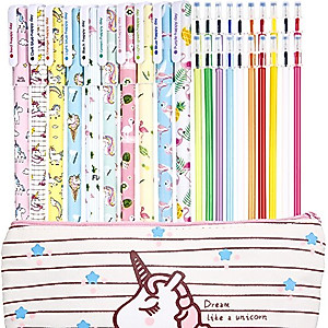 Jetec 31 Unicorn School Supplies, include 10 Unicorn Gel Ink Pens 1 Unicorn Pencil Case 20 Color Refill Ink (0.5 mm) Cute Flamingo Pen for Girls