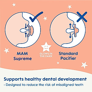 MAM Supreme Night Baby Pacifier, for Sensitive Skin, Patented Nipple, 16+ Months, Girl, 2 Count (Pack of 1)