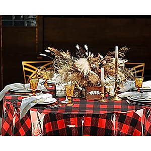 Remagr Christmas Disposable Checkered Tablecloth Round Plastic Buffalo Plaid Table Cloth 84 Inch Waterproof Gingham Cover for Picnic Camping Party Carnival BBQ (Red and Black, 6 Pieces)