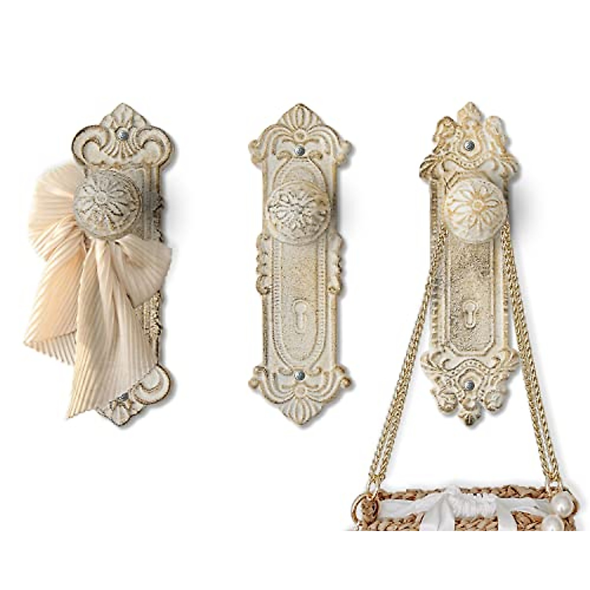 Shabby Chic Cast Iron Decorative Wall Mounted Hooks - Rustic White - Door Knob Coat Hooks for Wall - Set of 3 - Screws and Anchors Included - Antique Wall Hooks for Hanging Clothes