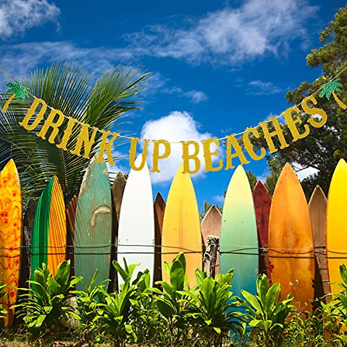 Drink Up Beaches Banner Gold Glitter, Beach Party Decor/Tropical Birthday Decorations/Hawaiian Party Decorations/Aloha Decorations/Bachelorette Party Decorations Luau