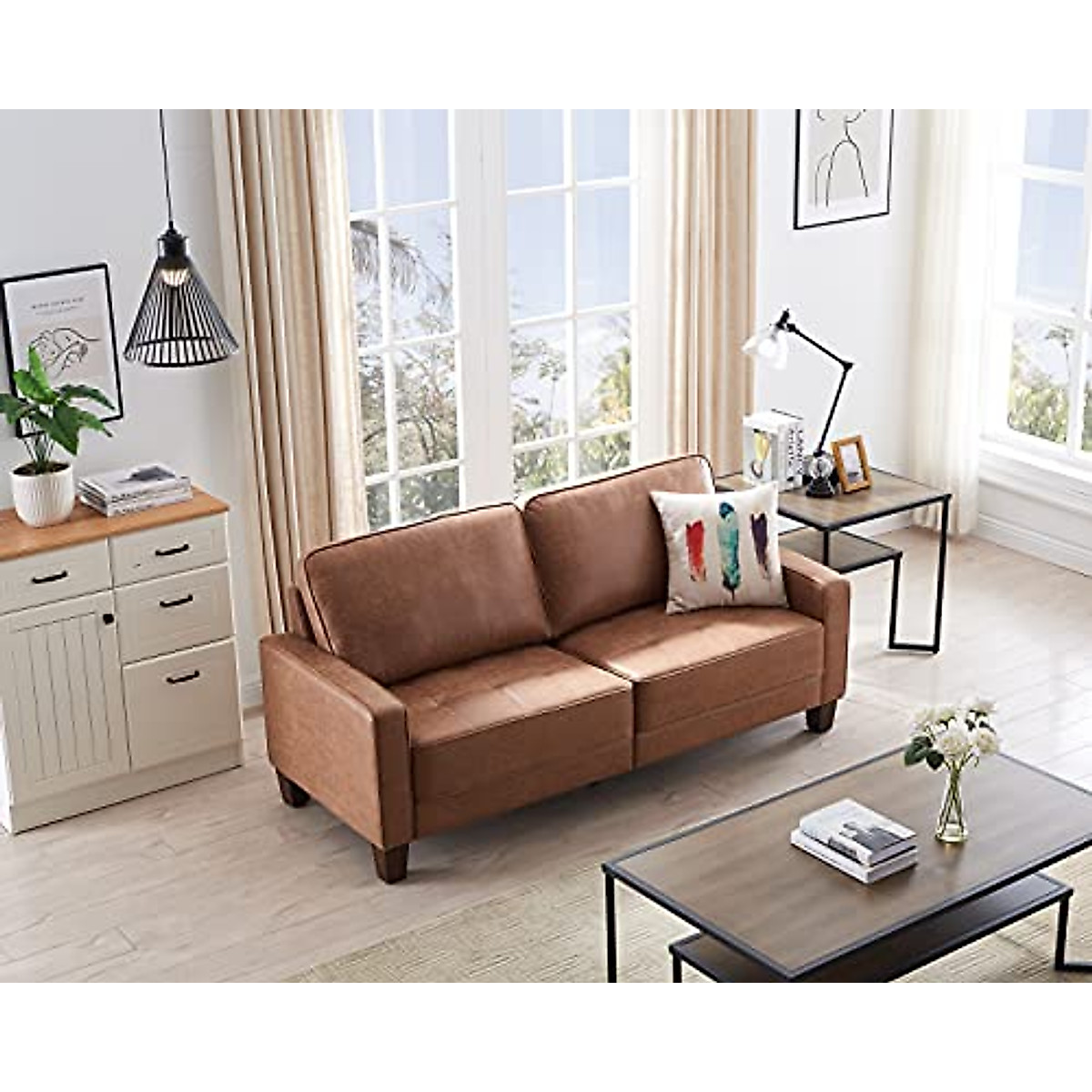 MODERION Loveseat Sofa, 70” L Couch with Solid Wood Frame, Living Room Couches with Technology Fabric, Easy Assembly 2-seat Sofa for Bedroom,Office,Small Space Yellowish Brown TSF21202LT