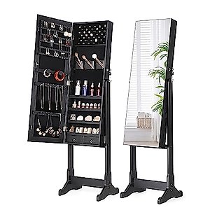 Nicetree Jewelry Cabinet with Full-Length Mirror, Standing Lockable Jewelry Armoire Mirror Organizer, 3 Angel Adjustable, Black