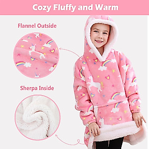 Wearable Blanket Hoodie for Kids, Super Warm and Soft Sherpa Flannel Sweatshirt Blanket with Giant Pocket, Hooded Blanket for 2-6 Year Old Girls Gifts, Pink Unicorn