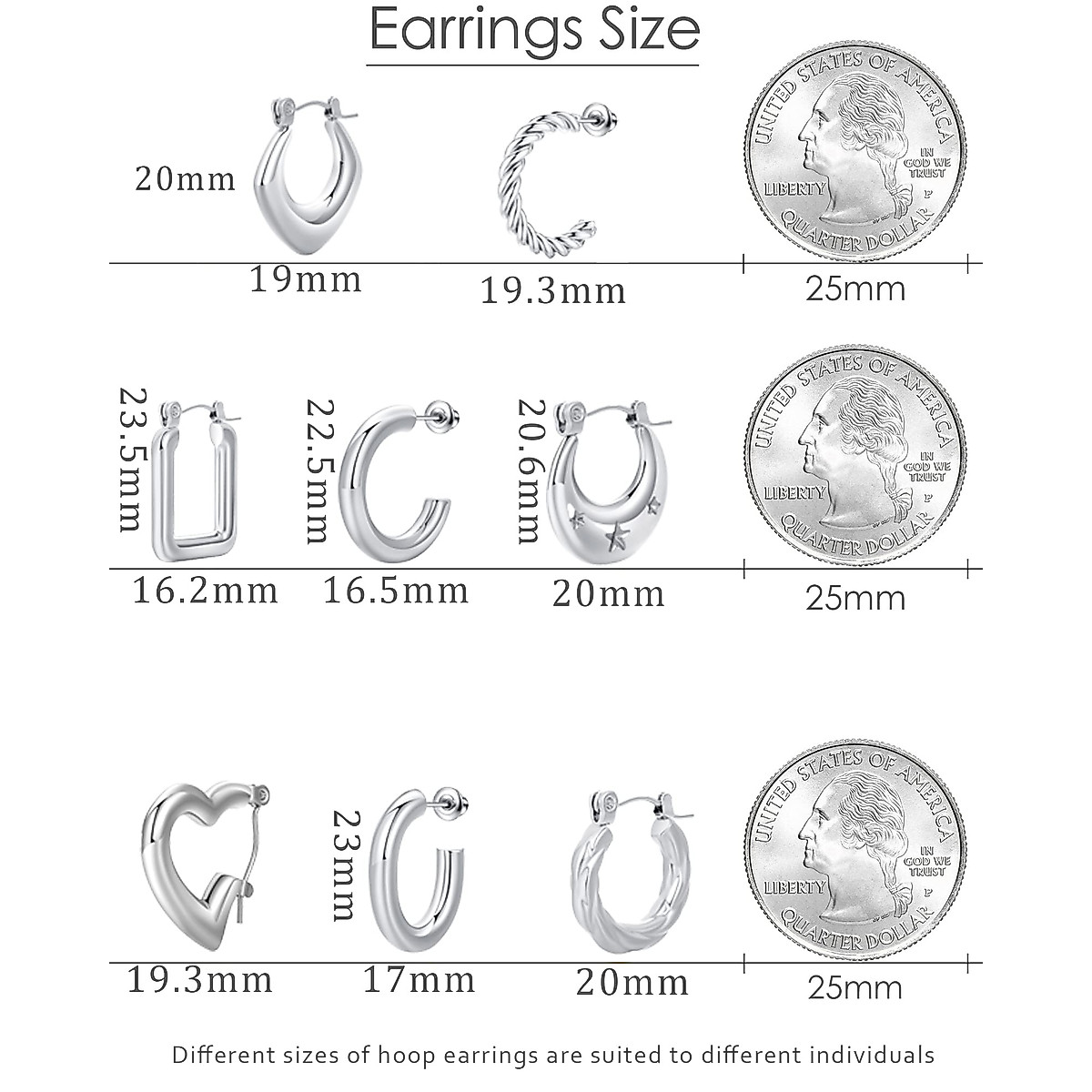 Jannisa Women's 8 Pairs Hypoallergenic Stainless Steel Chunky Silver Hoop Earrings Set, Gold Earrings for Women, Trendy Jewelry Earrings for Daily Wear