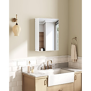 CHOEZON Bathroom Medicine Mirror Cabinet, Wall-Mounted Bathroom Vanity with Mirror, Bathroom Medicine Cabinet with Storage Function, Hanging Storage Cabinet, Adjustable Shelves, White