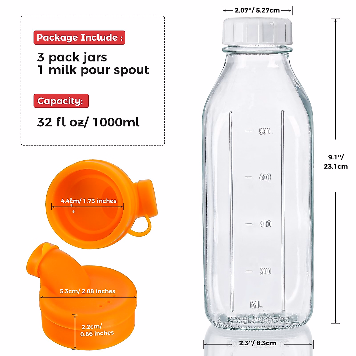 Dwbligt 32 oz Empty Glass Milk Bottles with Silicone Dispenser Cap, Glass Water Bottles with Leak Proof Lid and Scale Mark, Reusable Glass Jars for Juice, Milk, Iced Tea, Set of 3