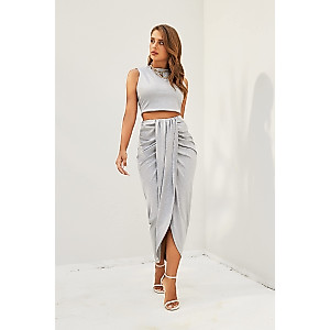 ZAFUL Women’s 2 Pieces Skirt with Crop Tank, High-Slit Twist Skirt Set Bodycon Dress for Party Club Nightout Cocktail (Grey-Ruched, Large)