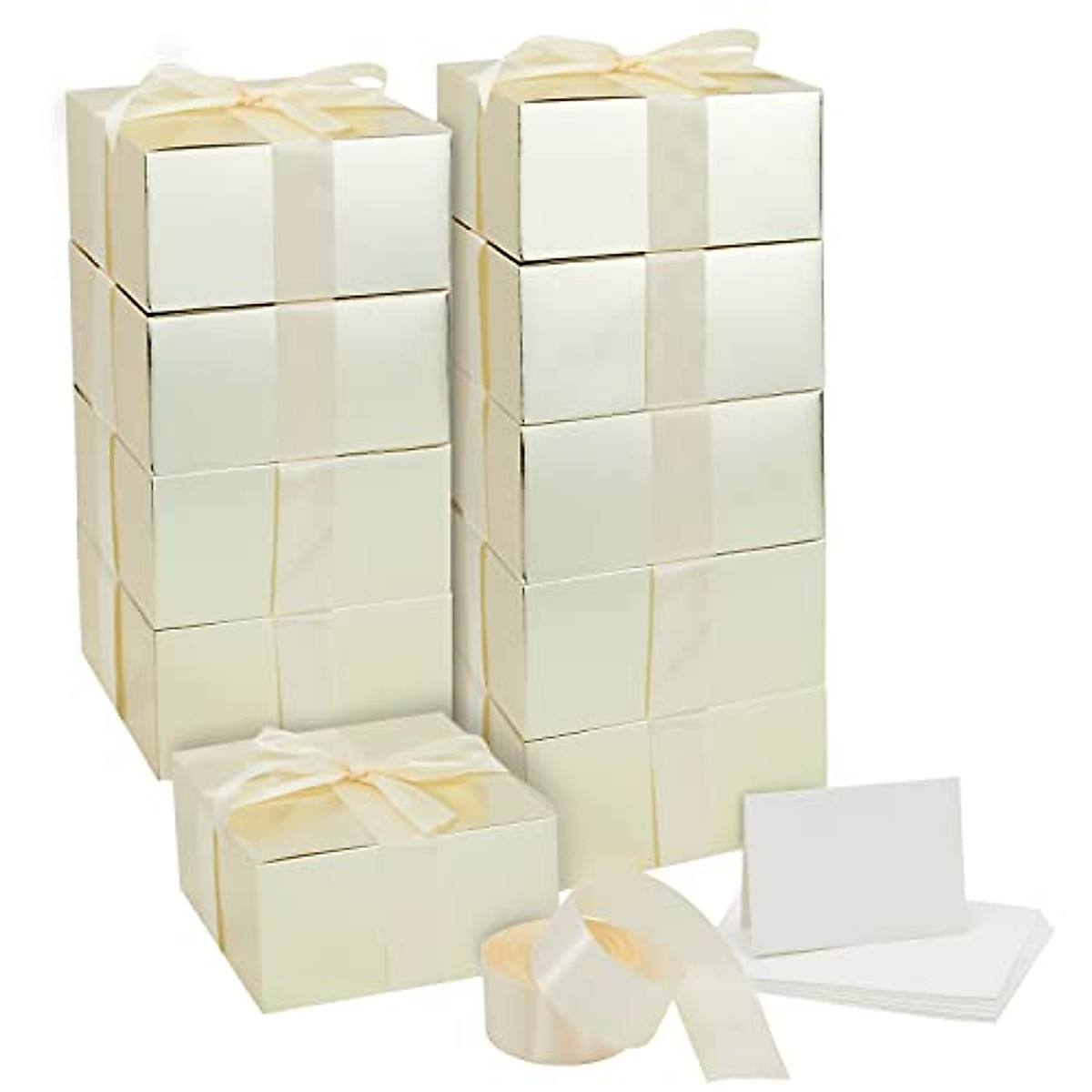 Stockroom Plus 10 Pack Textured Champagne Gold Gift Boxes with Lids, Ribbon and Blank Greeting Cards (8 x 8 x 4 in)