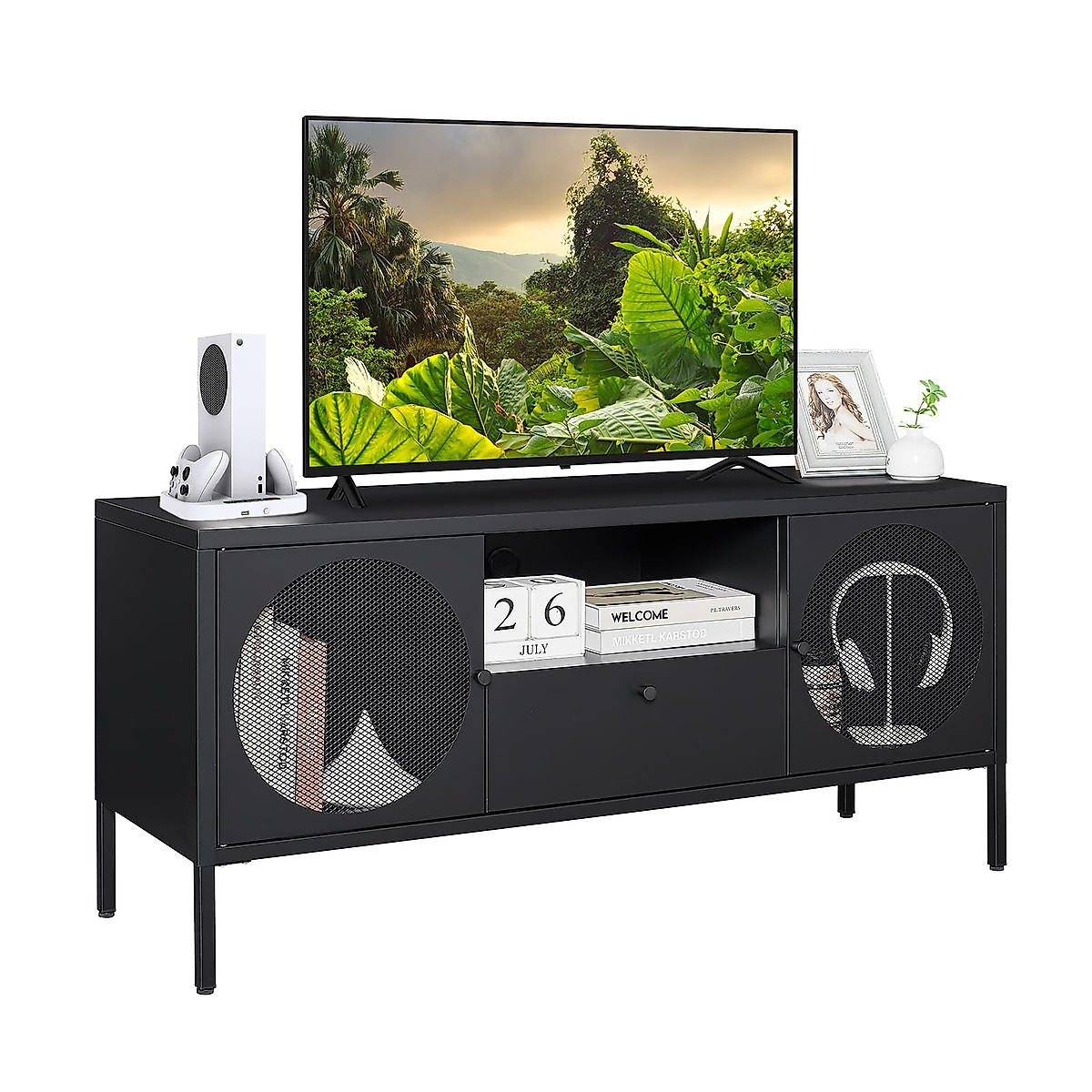 TV Stand Retro Record Cabinet Metal Storage Cabinet Cupboard Console Table Entertainment Center with Storage Cabinet Sideboard Buffet tv Stand Metal Locker Media Entertainment Center with Cable Hole