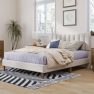 Modern Queen Size Upholstered Bed Frame with Vertical Channel Tufted Headboard, Linen Bed Frame Queen Platform Bed for Bedroom Guest Room w/Solid Wood Slat Support, No Box Spring Needed (Cream, Queen)