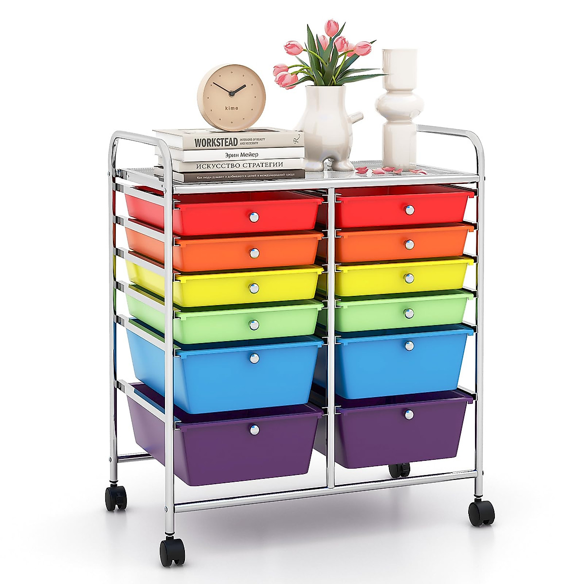 LDAILY 12 Drawer Rolling Storage Cart, Craft Cart Organizer on Wheels with Metal Frame, Large Capacity & Smooth Drawer, Rolling Cart with Drawers for Living Room, Classroom, Office (Multicolor)