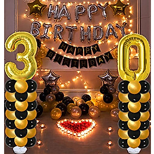 30th Birthday Decorations for Him Men,Cheers to 30 Years Tall 30 Birthday Balloons Column for 30th Party Decorations and 30th Wedding Anniversary Decorations (Black & Gold)