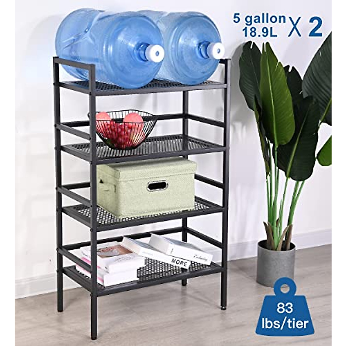 37.4" Metal Storage Shelf Rack Adjustable Height 4-Tier Utility Kitchen Standing Shelving w/ 4 Hooks, Shoe Rack heavy Duty for Laundry Bathroom Garage Pantry Load upto 83LBS per Tier, Matte Black