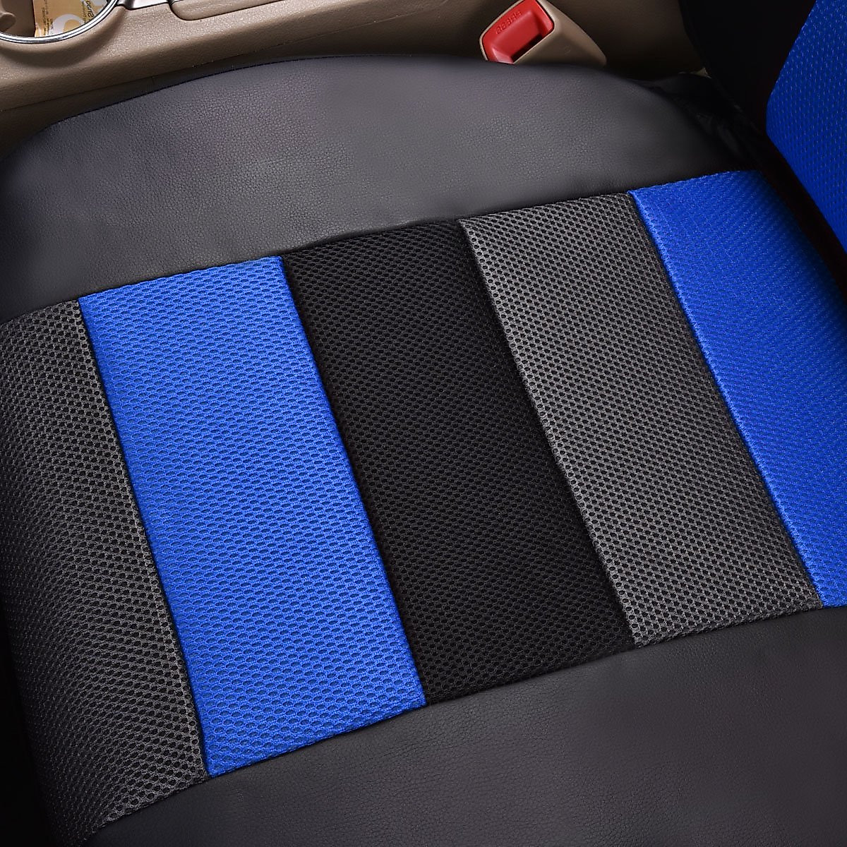 Flying Banner Car Seat Covers Full Set Front Seats and Rear Bench Black Leather and Red Fabric Mesh Cover Breathable Black with Blue Color (Blue)