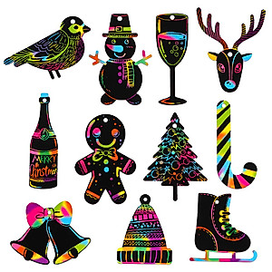 XJF Christmas Scratch Paper Ornaments, 22pcs Christmas Scratch Art Paper for Kids Toddlers Party and Xmas Tree Decoration Gift Tags Supplies