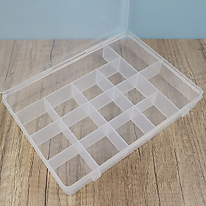 EIKS Plastic Compartment Organizer Box Case with 15 Grids for Beads Jewelry Fishing Tackles Metal Parts Accessories Screws Button, Size 9x6.7x1.4inch