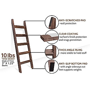 FUIN 5 Ft (58") Wood Decorative Wall Leaning Blanket Ladders Bathroom Storage Quilt Towel Display Rack Shelf Holder Rustic Farmhouse, Brown