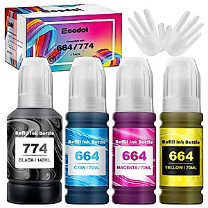ecodot Compatible Refill Ink Bottle Replacement for Epson 774 664 T774 T664 High Capacity for ecotank ET-2650, ET-16500, ET-4500, ET-2550, ET-3600, Printer (Black, Cyan, Magenta, Yellow, 4 Pack)