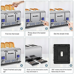 Toaster 4 Slice, KitchMix Bagel Stainless Toaster with LCD Timer, Extra Wide Slots, Dual Screen, Removal Crumb Tray (Stinless steel)