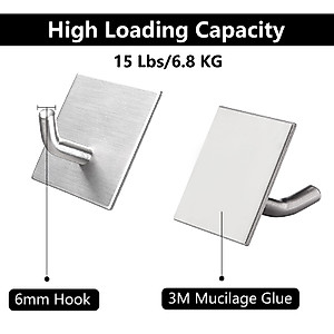 FOMANSH Heavy Duty Adhesive Hooks, Stick on Wall Adhesive Hangers, Strong Stainless Steel Holder, Self Adhesive Hooks for Kitchen Bathroom Home Door Towel Coat Key Robe 6 Packs Silver