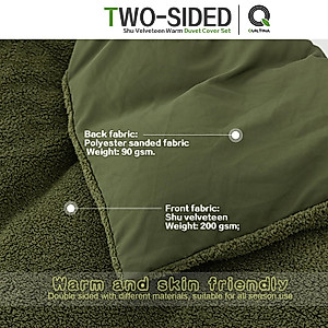 QUILTINA Shu Velveteen Warm Duvet Cover Set Queen Size with 2 Pillowcases, Coral Fleece Luxury Quilt Cover Anti-Static for Winter, Double Sided Velvet and Sanded Blanket, Army Green, 90" x 90"