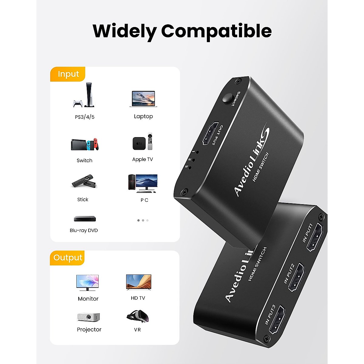 HDMI Switch 3 in 1 Out 4K@60Hz Aluminum Alloy【with 4FT HDMI 2.0 Cable】, avedio links 3x1 HDMI Multi Port Switch, 3 Way HDMI Selector Switcher Support HDCP 2.2, HDR 10, for Fire TV Stick, PS5