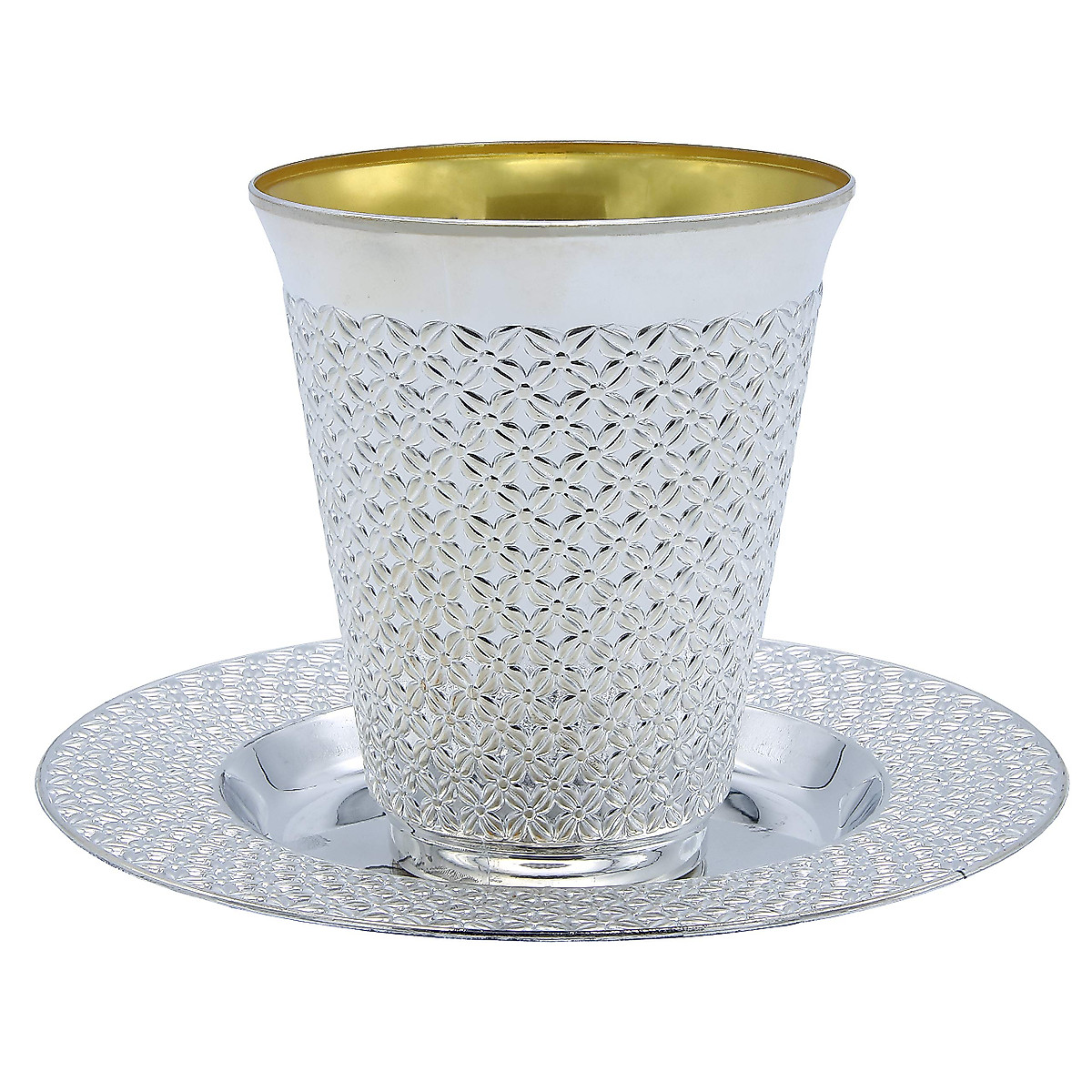 Exquisite 100 Pcs - 50 Sets of 5.5 oz Disposable Plastic Kiddush Cup and Tatz Silver Cup and Saucer Set for Passover, Shabbat, Wedding, Brit and Year Round - Bulk Pack