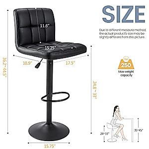 Vogue Furniture Direct PU Leather Square Bar Stools, Modern Adjustable Swivel Barstools with Back, Armless Airlift Counter Height Chairs for Kitchen Dining Pub Cafe, Set of 2 (Black, Black Base)