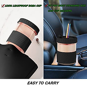 Amyoole 2 Pack Reusable Boba Cup,24Oz Wide Mouth Smoothie Cup,mason Jar Glass Cups with Lids and Straws,Bubble/Boba Tea Cups,Ice Coffee Tumbler 2 colored straws 1 sponge brush(Black)