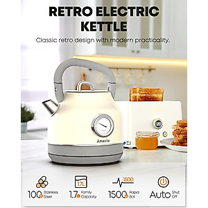 Amaste Electric Kettle, Retro Electric Tea Kettle With Thermometer, 57 Oz Hot Water Kettle For Coffee & Tea, 304 Stainless Steel, 1500w Fast Boiling, Auto Shut-Off & Boil Dry Protection, Cream White
