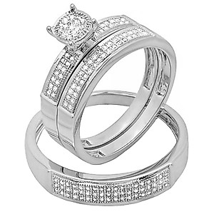 Dazzlingrock Collection 0.30 Carat Round White Diamond Double Row CLuster Trio Ring Set in 925 Sterling Silver, Women Size 8.5 and Men Size 10