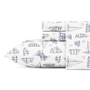 Nautica - Full Size Sheet Sets, Cotton Percale Bedding, Crisp & Cool, Coastal Home Decor (Whitewood Sail Blue, Full)