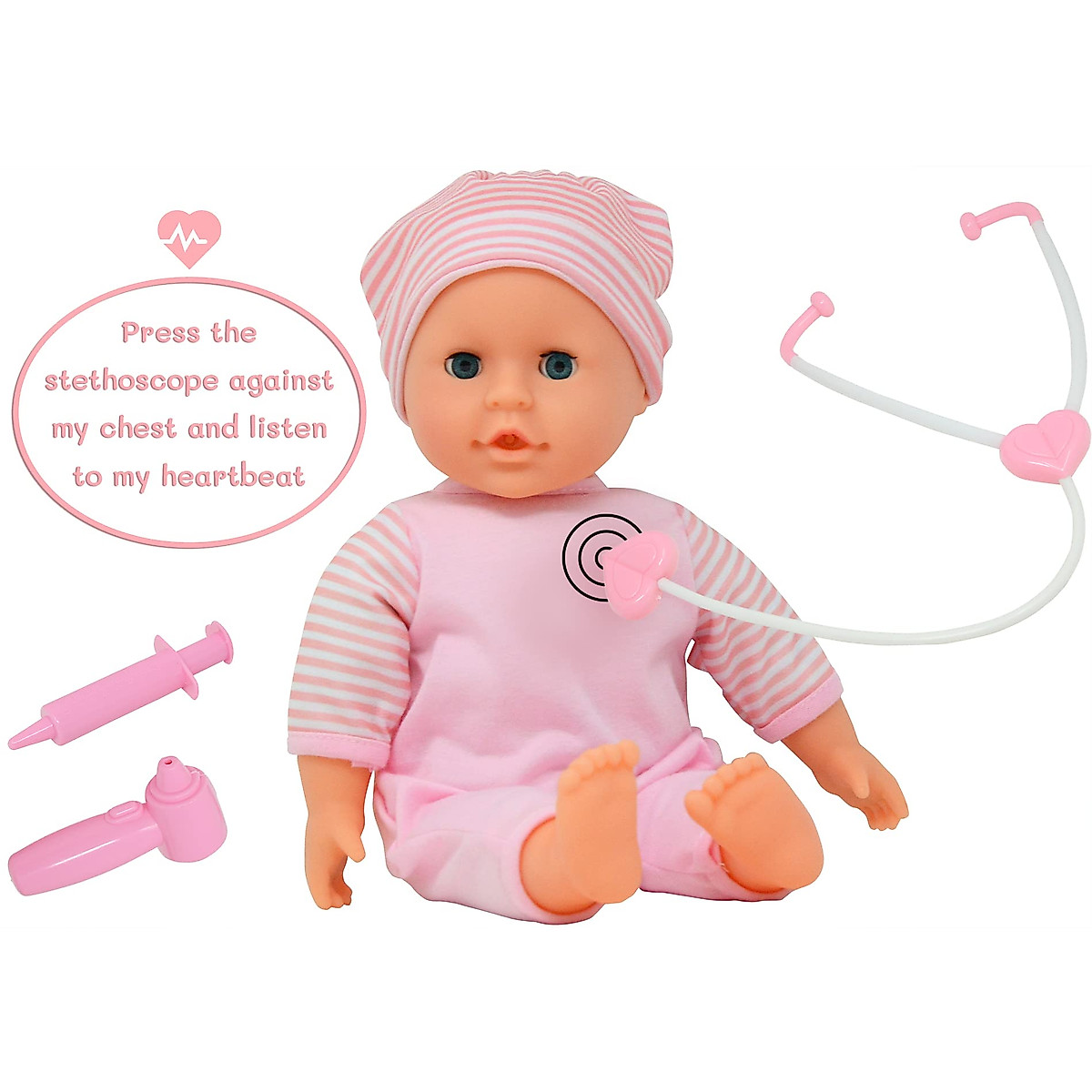 Interactive Talking Baby Doll Doctor Set Toy Pack for Kids – 14” Doll with Lights, Sound Effects, Pretend Play Dr Checkup Accessories – Pink Newborn Hospital Care Nursing Playset for Toddler Girl 3+