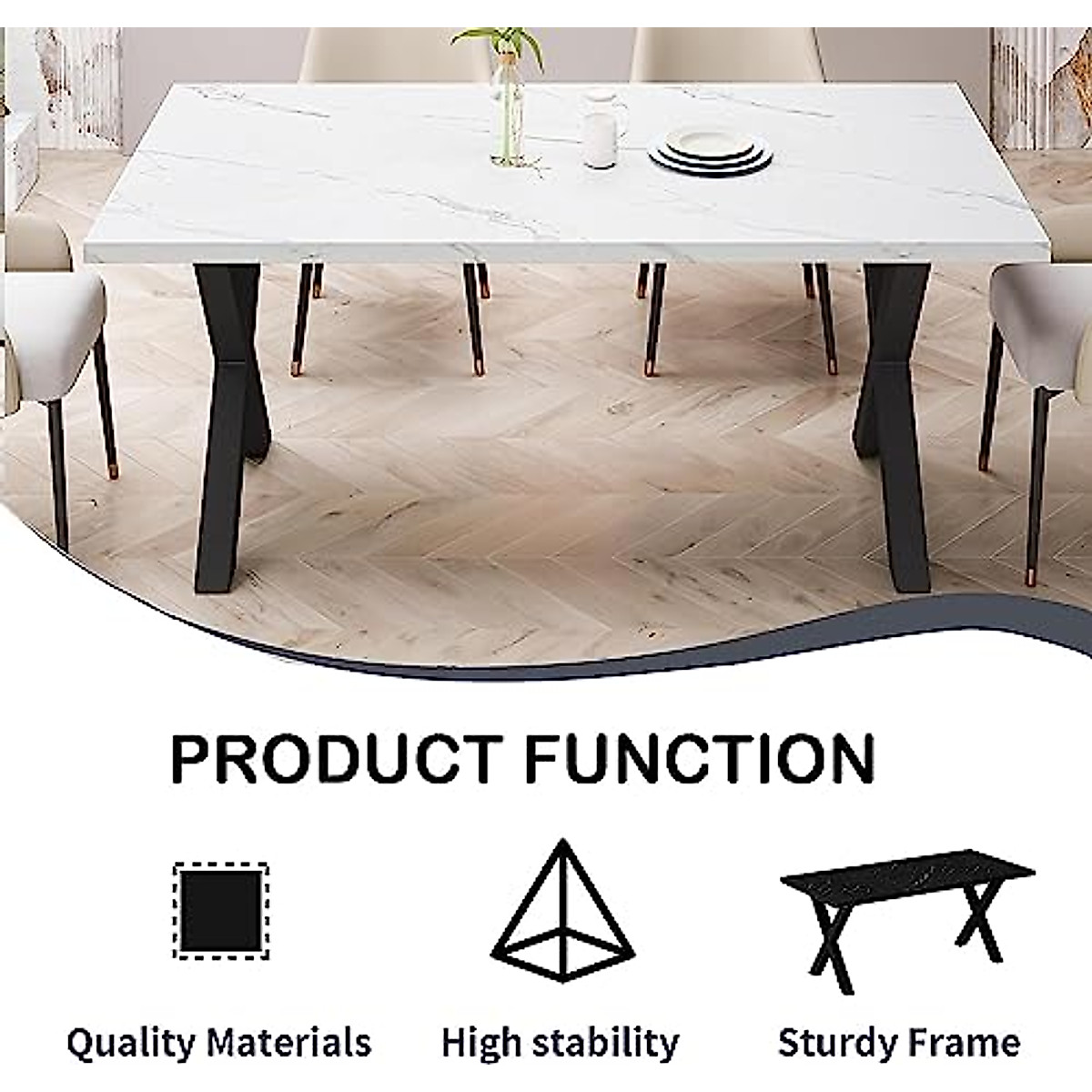70.87" Faux Marble Dining Table, Modern Rectangular Dining Table with Printed Marble Table Top and X-Shape Stainless Steel Table Leg/Metal Base for Kitchen & Dining Room（White Top+ Black Legs）