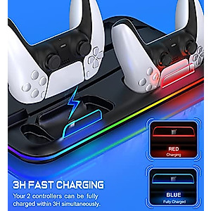 PS5 Stand with 4 Level Cooling Fan and RGB LED, Dual Fast PS5 Controller Charging Station for PS5 Digital/Disc, Accessories Incl. 6 Game Storage, Headset Holder, Dust Baffle