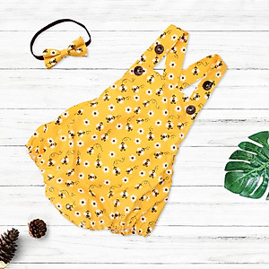 Eunikroko Honey Bee Romper with Headband for Baby Girls First Birthday Yellow Bumble Bee Outfit for First Bee-Day Cake Smash Photoshoots Supplies