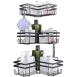 Corner Shower Caddy Adhesive Shower Organizer Corner No Drilling Shower Caddy Bathroom Wall Mounted Bathroom Storage Rack with Hooks 3 Pack (Black)