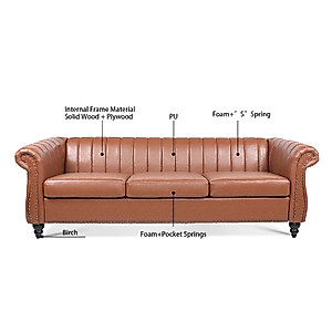 TMEOSK 84" PU Leather Sofa Couch, Mid-Century Modern Chesterfield Three Seater Sofa, Loveseat Sofa with Rolled Arm for Living Room, Dorm, Office (Brown)