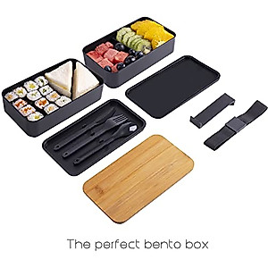 Collect Beauty Japanese Bento Box,2 Layer Lunch Box , Meal Prep Lunch Container with Bamboo Chopping Board Lid,Bag,Cutlery,Divider,Bento Lunch Box for Kids and Adults Black