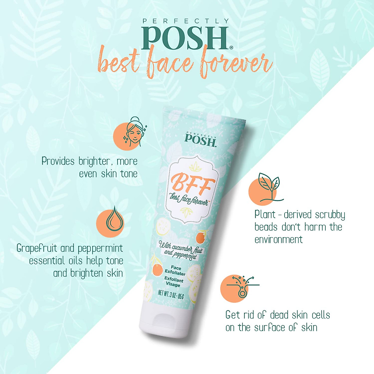Perfectly Posh Exfoliating Face Wash 3 fl. oz w/Pink Grapefruit, Peppermint, & Cucumber Fruit Flavor. Complete your skin care w/Best Face Forever (BFF). Gentle Face Scrub, Refreshes & Hydrates Skin!