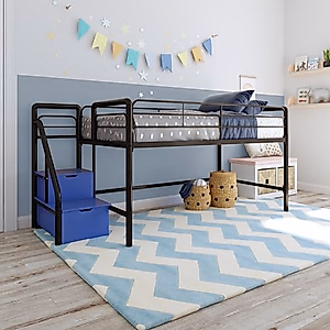 DHP Junior Twin Metal Loft Bed with Storage Steps, Multifunctional Space-Saving Solution - Black with Blue Steps